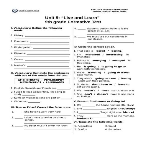 5 Live and Learn Formative Test | PDF