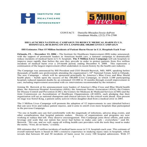 IHI LAUNCHES NATIONAL CAMPAIGN TO REDUCE MEDICAL HARM IN U.S. HOSPITALS ...