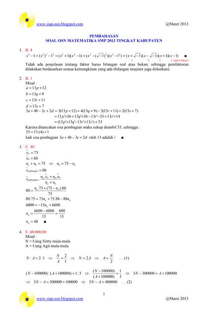 Pembahasan osn matematika 2011 pilihan ganda tingkat kabupaten | PDF