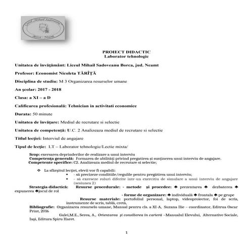 5Proiect de lectie LT Interviul de angajare M3 XI (2) | DOCX