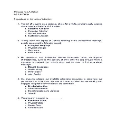 5 Questions Sample in Cognitive Psychology | PDF