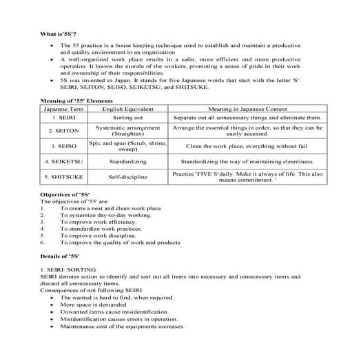 5S FOR STUDENTS in lean manufacturing concepts | PDF