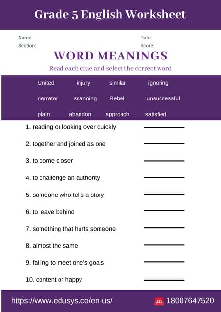 English grammar worksheet for 5th grade students | PDF