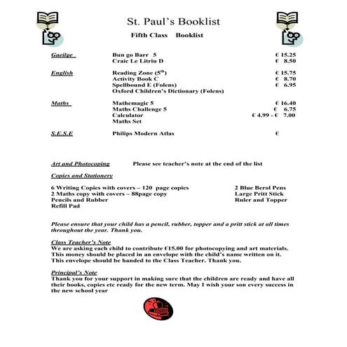 5th Class Booklist 2013-2014 | PDF