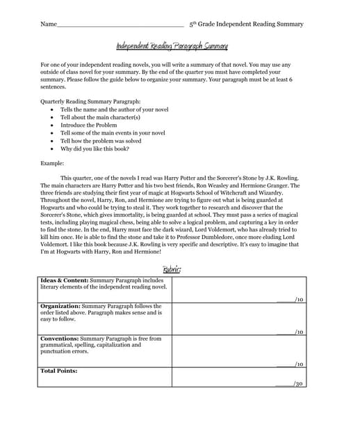 5th grade independent reading paragraph summary | PDF