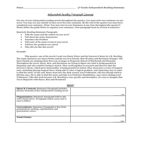 5th grade independent reading paragraph summary | DOCX