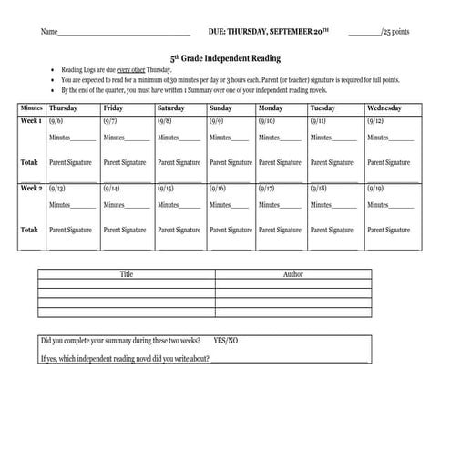 5th Grade Independent Reading Sheet | DOCX
