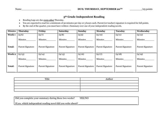Independent Reading Sheet | DOCX | Education