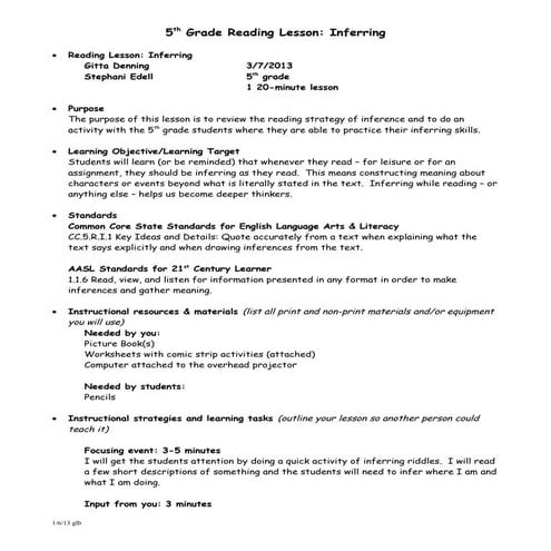 5th gradeinferringplan | DOC | Education