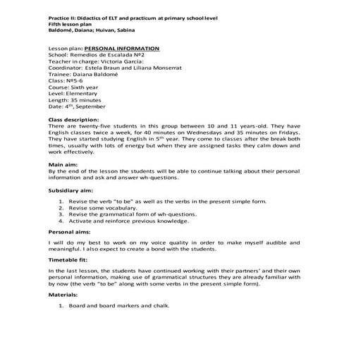5th lesson plan personal information | DOCX