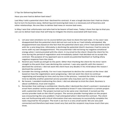 5 Tips for Delivering Bad News | DOCX | Travel Preparation and Advice ...