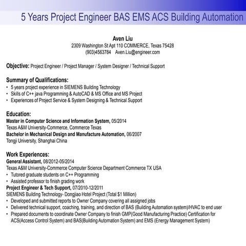 5 years project engineer bas ems acs building automation | PPTX
