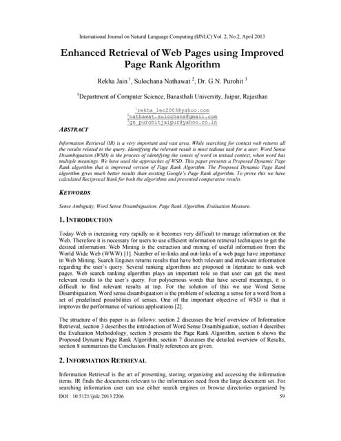 Enhanced Retrieval of Web Pages using Improved Page Rank Algorithm | PDF Enhanced Retrieval of Web Pages using Improved Page Rank Algorithm | PDF