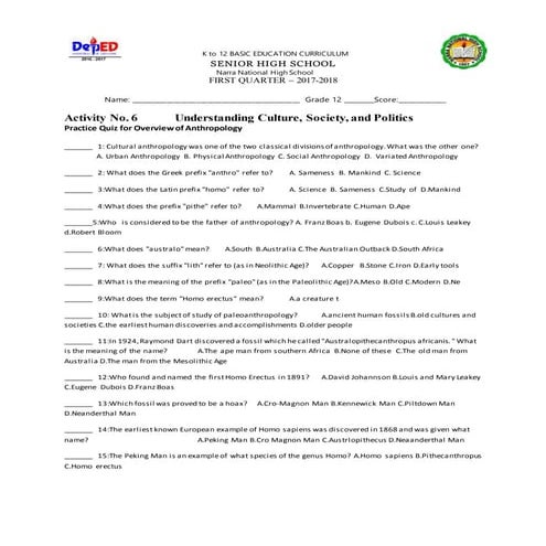 6 Understanding Culture, Society & Politics ACTIVITY SHEETS | DOCX