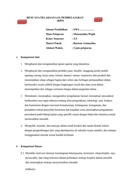 Rpp discovery learning barisan aritmatika smp kelas 8 | PDF