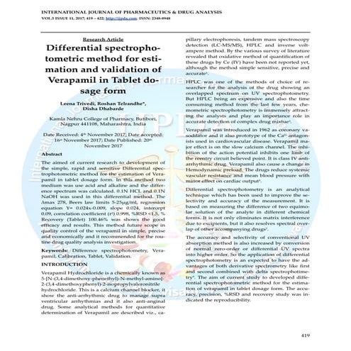 Differential Spectrophotometric Method For Estimation And Validation Of Verapamil In Tablet
