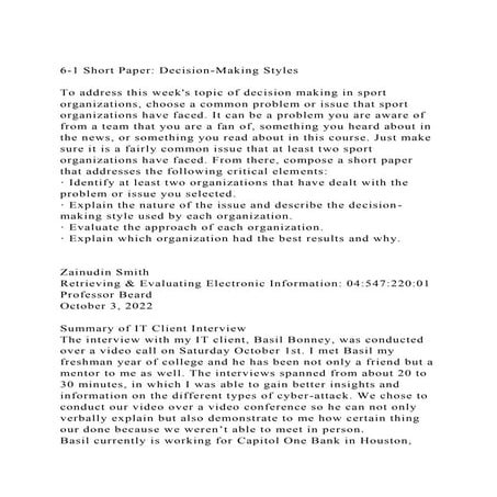 6-1 Short Paper Decision-Making StylesTo address this weeks (2).docx