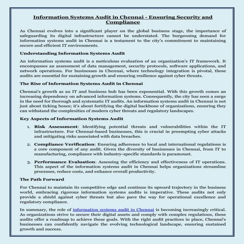Information Systems Audit in Chennai - Ensuring Security and Compliance | PDF