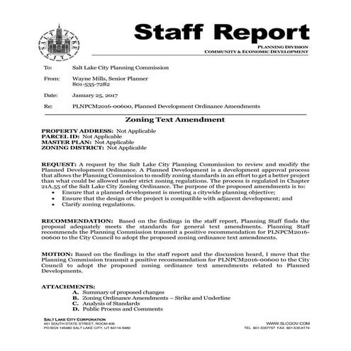 Staff Report on Modifications to Planned Development Ordinance. | PDF