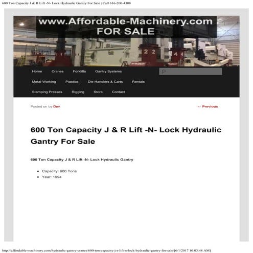 600 Ton Capacity J & R Lift -N- Lock Hydraulic Gantry For Sale | PDF ...