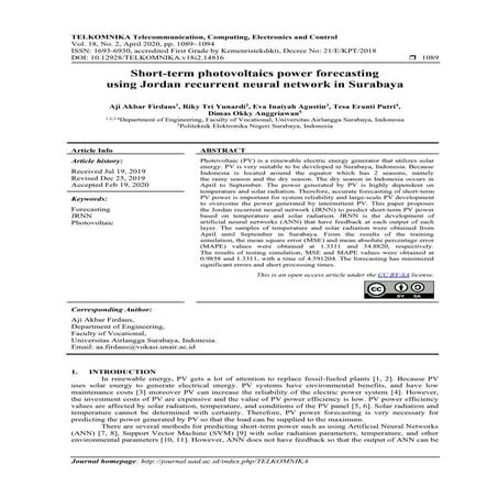 Short-term photovoltaics power forecasting using Jordan recurrent neural network in Surabaya | PDF