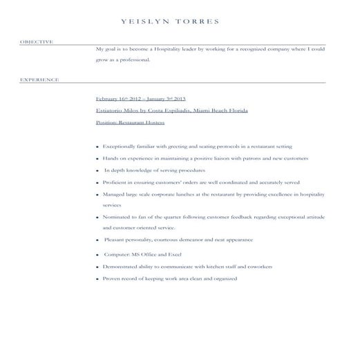 Yeislyn's Resume | PDF | Hospitality Industry | Industries