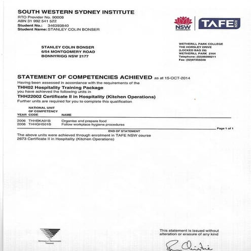 Certificate 2 in Hospitality (Kitchen Operation's) | PDF