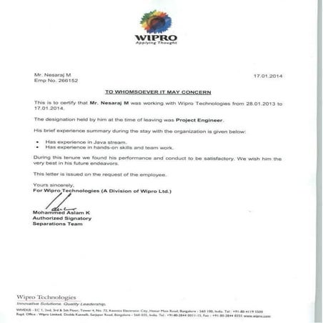 Wipro Experience Certificate | PDF
