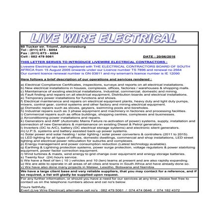 Letter of introduction of Livewire Electrical Contractors. | PDF