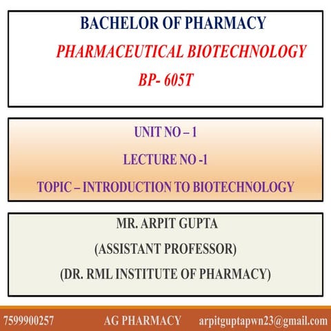 Biotechnology Introduction BP-605T B.Pharm | PPTX