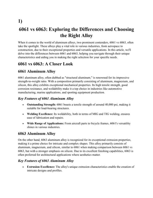 6061 vs 6063 | DOCX | Chemistry | Science