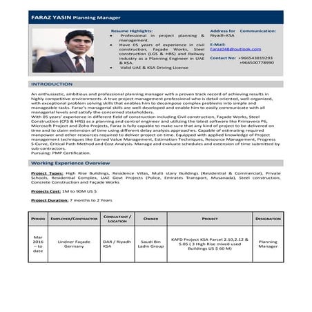 CV- Faraz Yasin, Planning Engineer 28-Nov-2016 | PDF