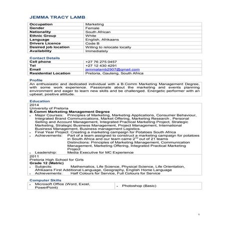 Jemma Tracy Lamb CV. | PDF