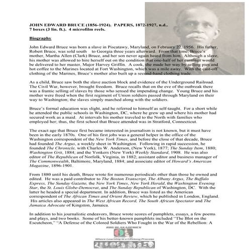 John Edward Bruce, 1856-1924-A Brief Biography | PDF