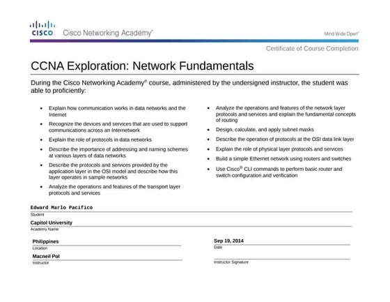 CCNA Certificate of Course Completion | PPT