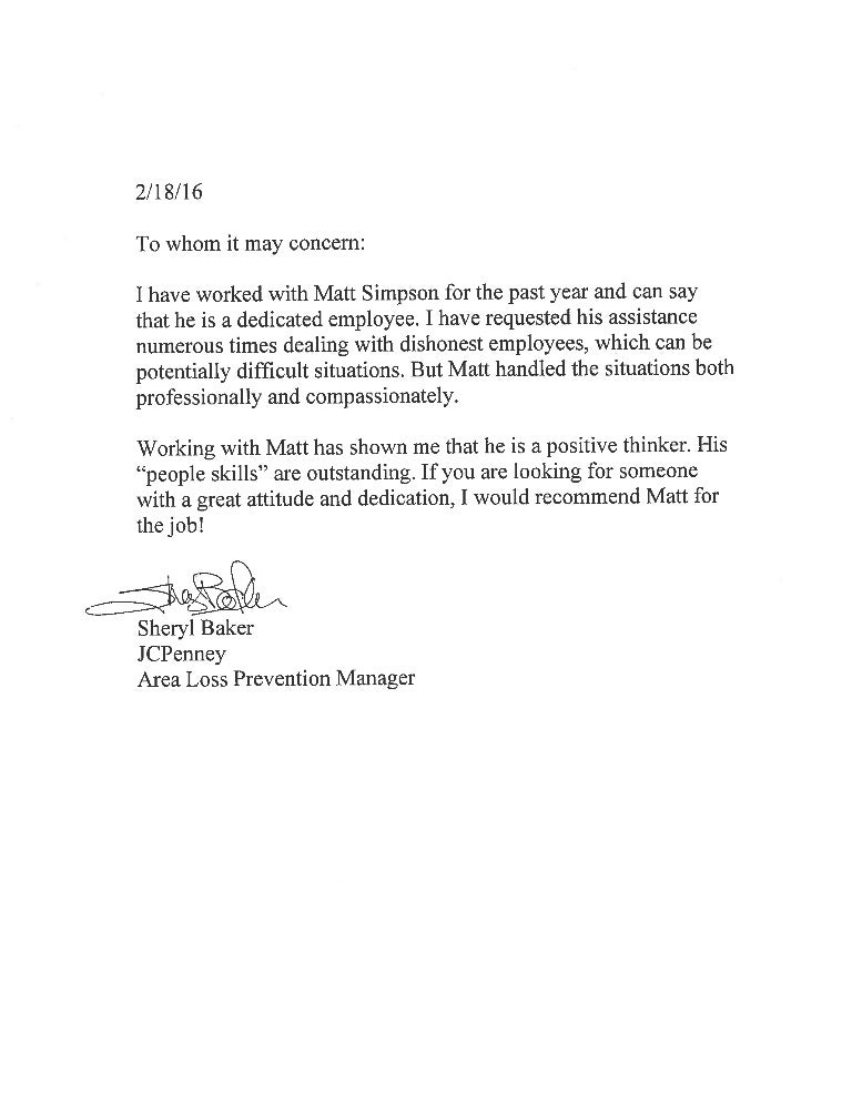 Sheryl Baker Letter of Recommendation