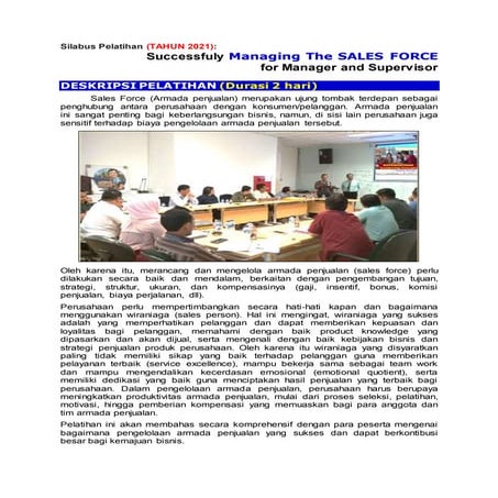 (2021) Silabus Training "Successfuly Managing The SALES FORCE for ...