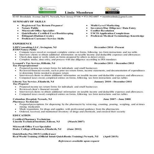Linda Mombrun Resume | DOCX | Personal Taxes | Personal Finance