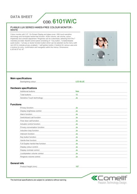 Comelit 6501 Data Sheet | PDF