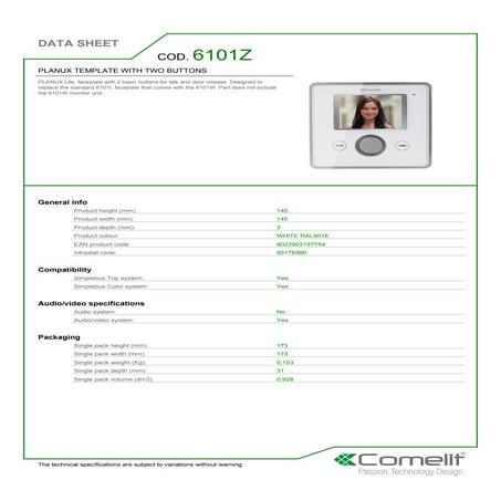 Comelit 6101Z Data Sheet | PDF