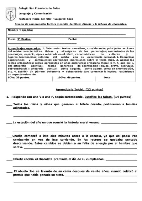 Ficha de comprensión de lectura charlie y-la-fabrica-de-chocolates | PDF