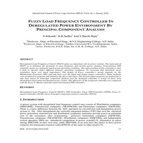 FUZZY LOAD FREQUENCY CONTROLLER IN DEREGULATED POWER ENVIRONMENT BY PRINCIPAL COMPONENT ANALYSIS ...