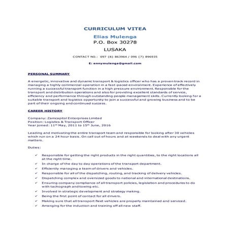 Elias Mulenga CV & Cover Letter | DOCX
