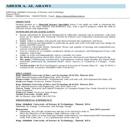 Abeer Ateeq Alarawi CV. | DOCX | Chemistry | Science