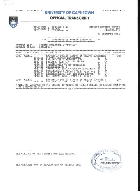 UCT Transcript of official academic record | PDF