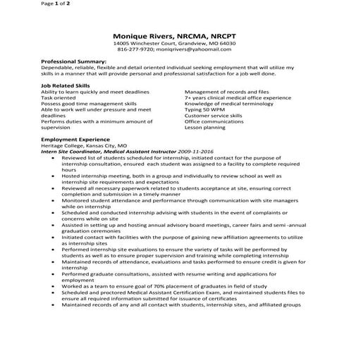Monique Rivers resume | DOC