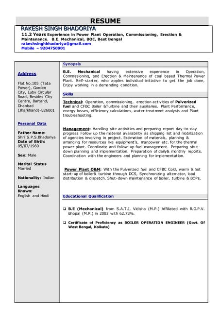 Resume Vinoth | DOC | Power and Energy Industry | Industries