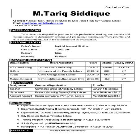 CV M.TARIQ SIDDIQUE 2017 | DOCX