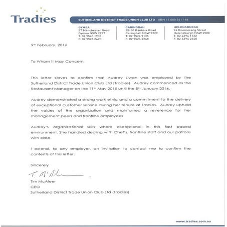 Tradies letter of recommendation | PDF