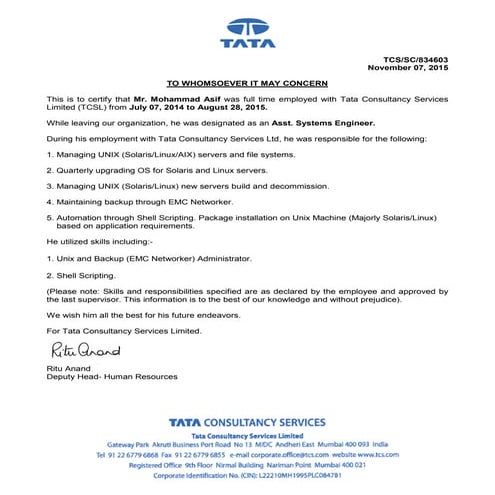 tcs experience letter